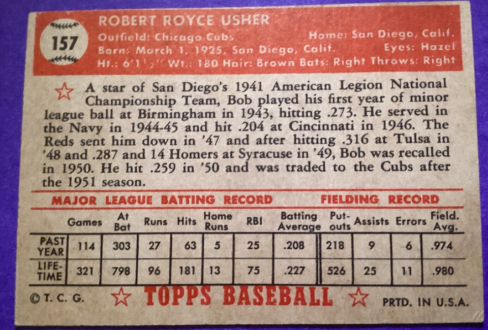 1952 Topps Bob Usher #157 VG-EXCELLENT Chicago Cubs | eBay