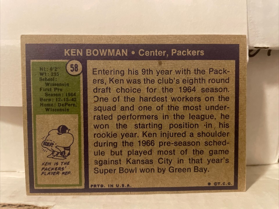 Ken Bowman -Wisconsin- Green Bay Packers Autographed Card **Ice Bowl ...
