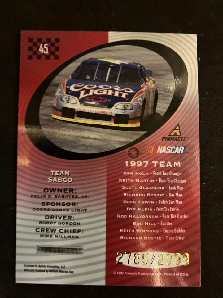 1997 Pinnacle Totally Certified Platinum Red /2999 Robby Gordon #40 ...