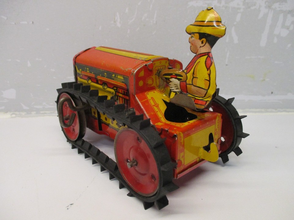 MARX TIN LITHO WINDUP MIDGET CLIMBING TRACTOR & ATTACHMENTS 1940s TOY ...