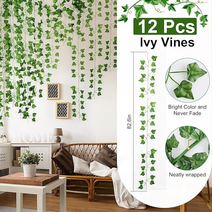 12 Strands 84FT Artificial Hanging Ivy Garland Fake Ivy Leaf Vine Home ...