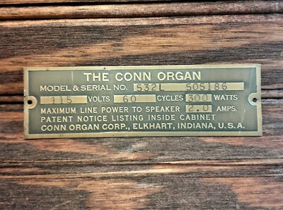 Vintage CONN Organ Model & Serial No. Brass Plate 532L / 505186 | eBay ...