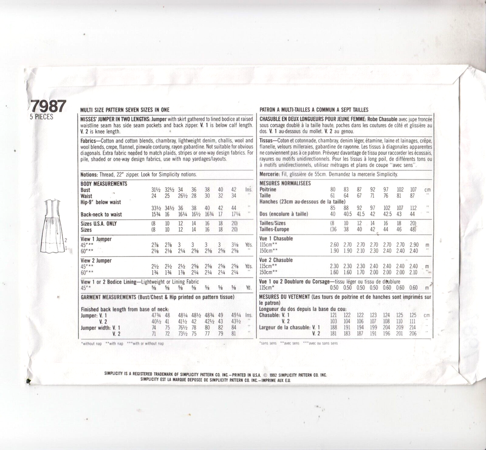 Simplicity 7987 Jumper Two Lengths Raised Waistline Sewing Pattern ...