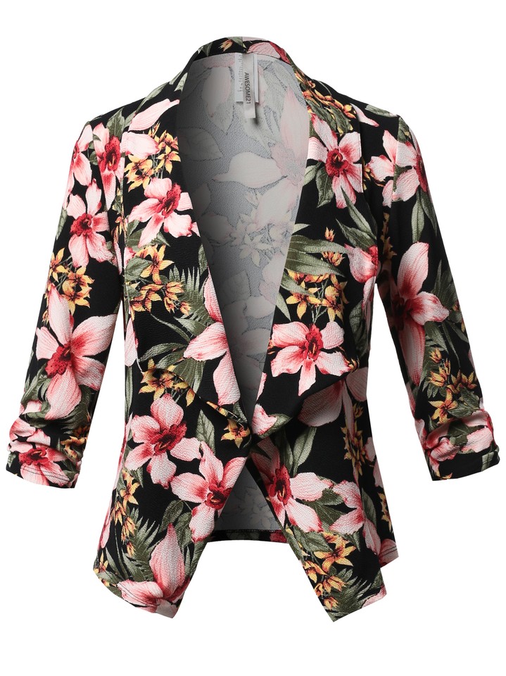 FashionOutfit Women's Solid/Print Stretch 3/4 Gathered Sleeve Open ...