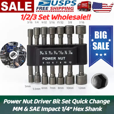 Power Nut Driver Bit Set Quick Change MM & SAE Impact 1/4" Hex Shank US ...