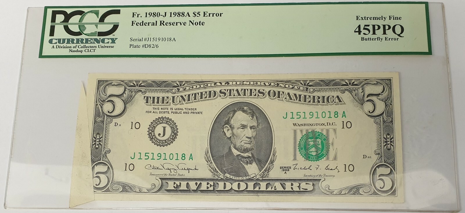 UNITED STATES 1988 $5 Dollars " BUTTERFLY FOLD ERROR " PCGS GRADE and ...