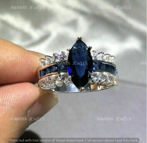 3 Ct Marquise Cut Lab-Created Sapphire Engagement Ring Real 925 ...