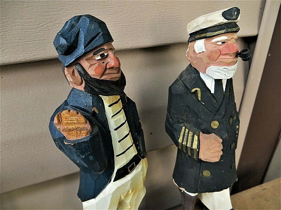 Vintage carved wood Captain and sailor_lot of 2 figures_10 inches high ...