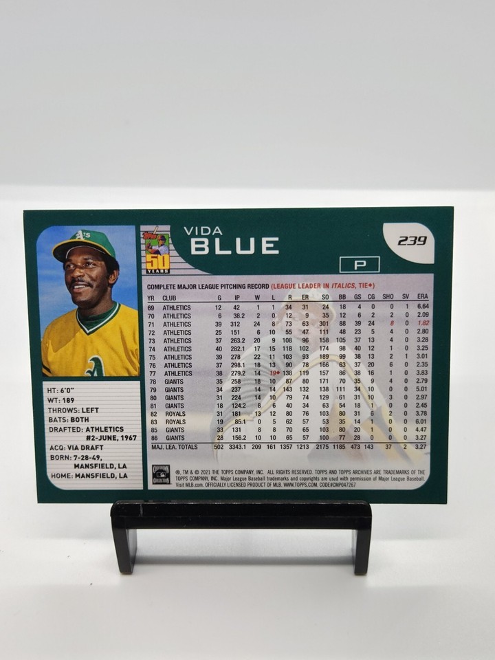 2021 Topps Archives Vida Blue 50 Years Of Topps Oakland Athletics #239 ...