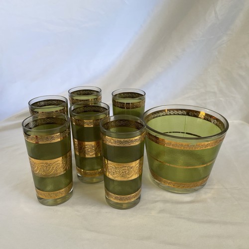 7pc Culver Starlyte Ice Bucket And Barware Glasses Green And Gold ...