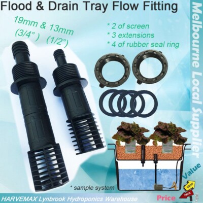 Hydroponic Flood Drain Fitting Kits 13mm & 19mm Tub Outlet With Screen ...