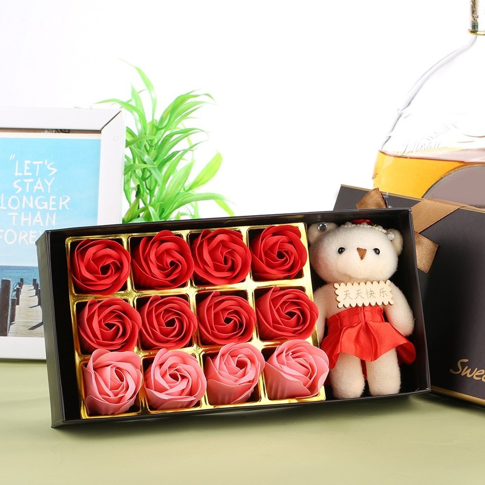 ↑New (red Gradient) Flower Box 12 Rose Flower Flower Plush Bear Rose ...