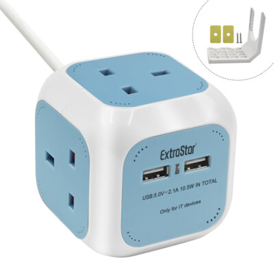 4 Way Power Cube Socket with 2 USB Ports & 1.4M Cable Electric ...
