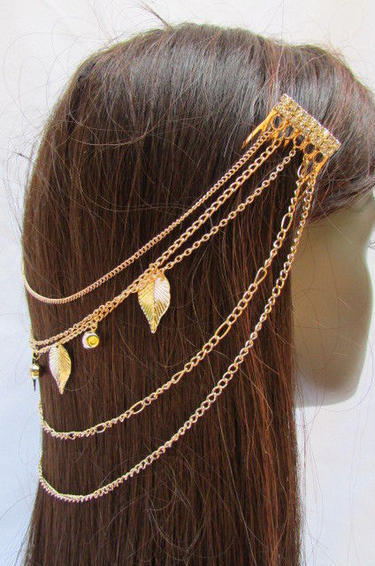 New Women Gold Metal Head Chain Hair Pin Jewelry Claws Leaves Silver ...