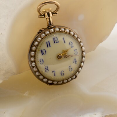 Superb Antique 18K Ladies Enameled Pearl and Diamond Watch Pin Set ...