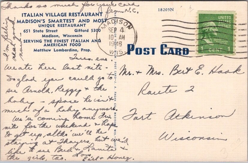 1946 MADISON Wisconsin Postcard "THE ITALIAN VILLAGE RESTAURANT" Kropp ...