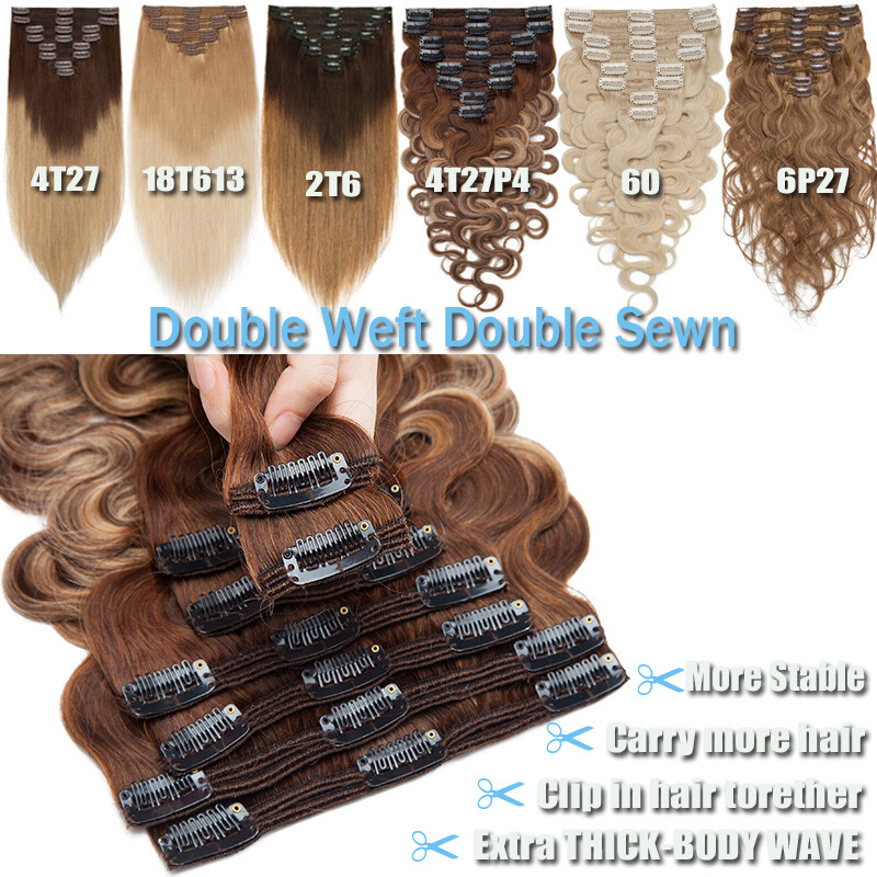 Extra Thick Double Weft Remy Clip In 100% Human Hair Extensions Full ...