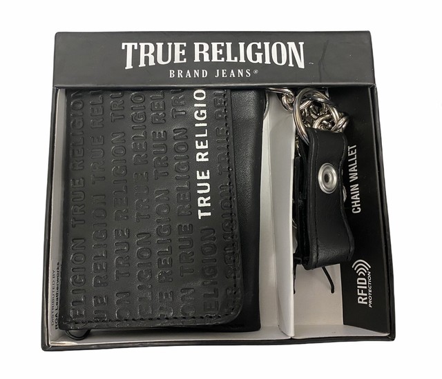 True Religion Vinny Trifold Black Genuine Leather Chain Wallet W/ Case ...