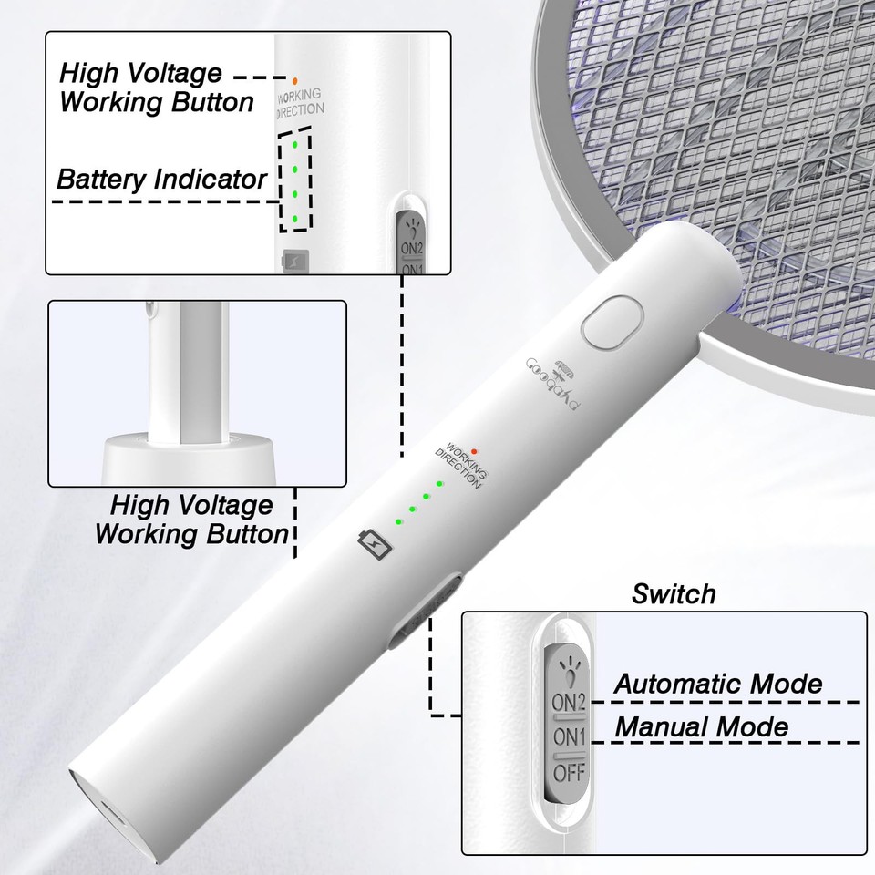 Bug Zapper Racket, 2 in 1 Electric Fly Zapper USB Rechargeable, 4000V ...