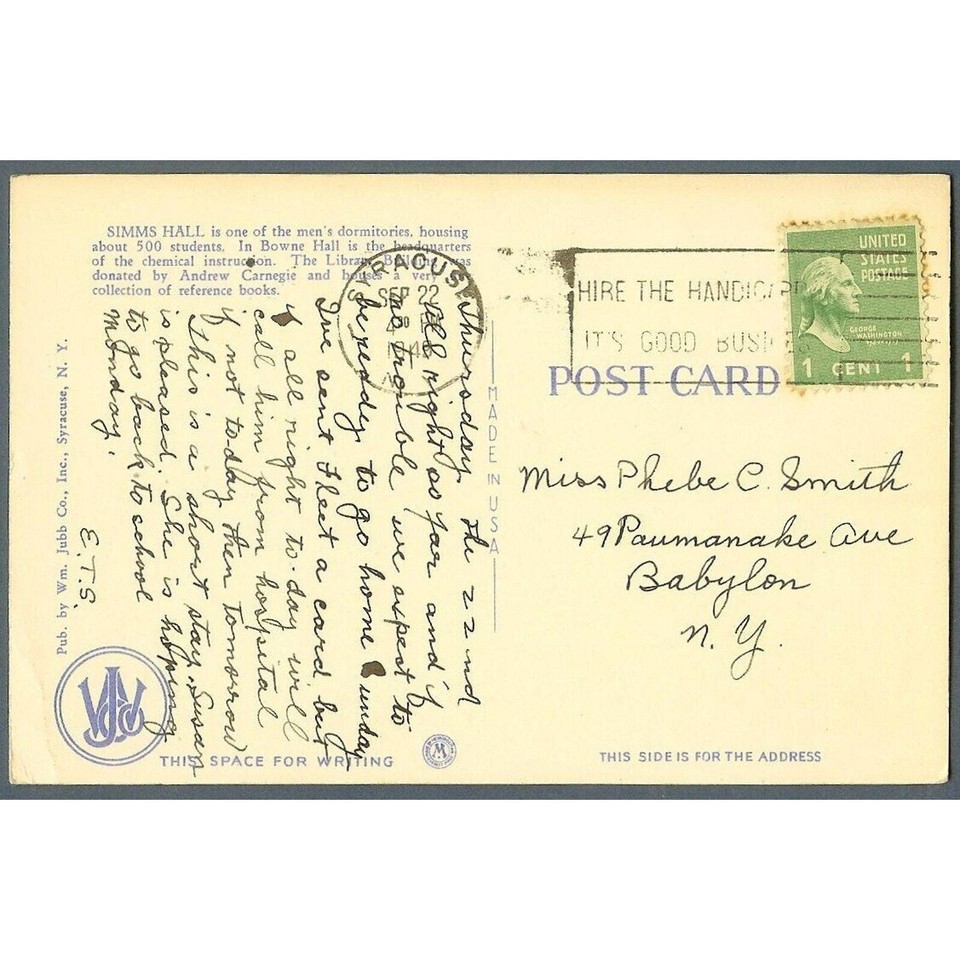Syracuse University NY Sims Hall Bowne Hall and Library linen postcard ...