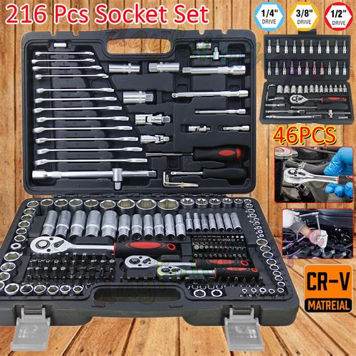 46/216 Pcs Socket & Bit Set 1/4 3/8 1/2" Drive Ratchet Wrench Tool Kit ...