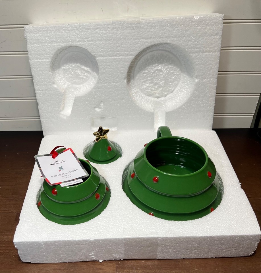 New 2022 Hallmark Christmas Tree Stacking Mugs-2 Mugs & Lid-Top in foam ...