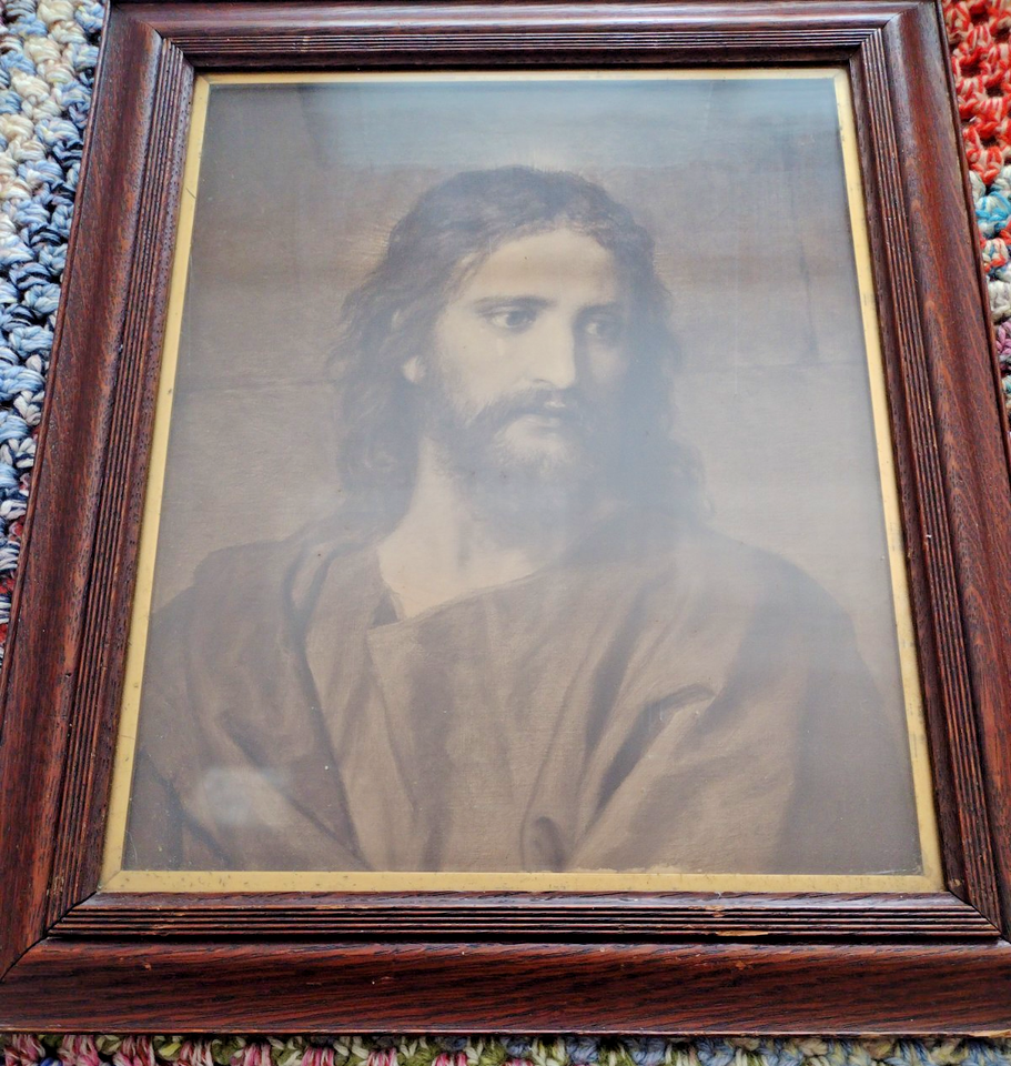 LARGE ANTIQUE GLASS WOODEN FRAME JESUS RELIGIOUS PORTRAIT PRINT ...