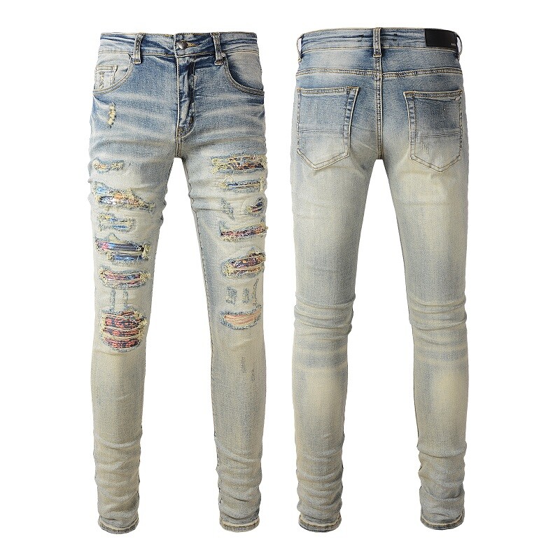 Men's Skinny fit Stretch Ripped Patches Sanding Washed Distressed Denim ...