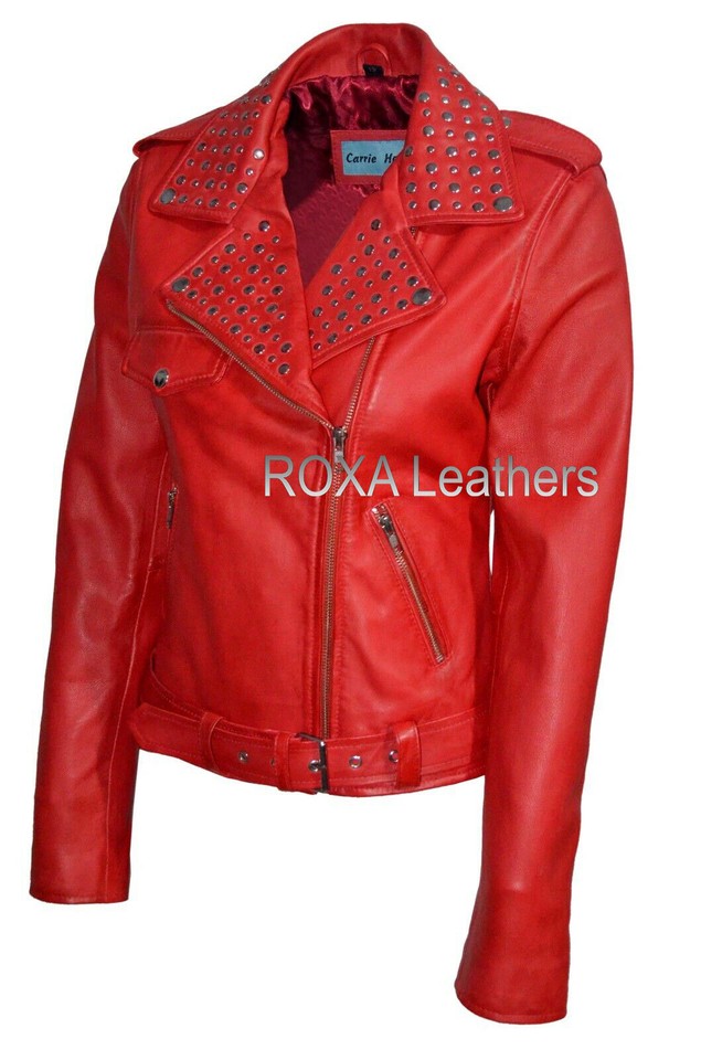 NEW Women Studded Genuine Sheepskin Natural Leather Jacket Belted Party ...