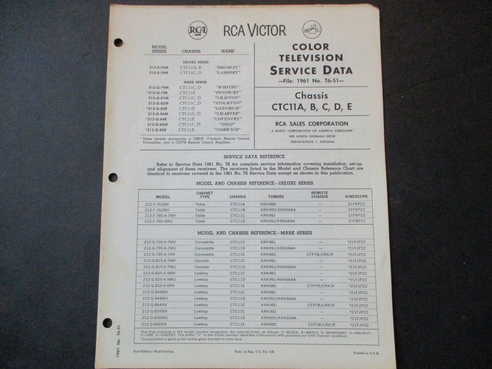 RCA Victor Color Television Service Data 1961 No. T6-S1 manual | eBay
