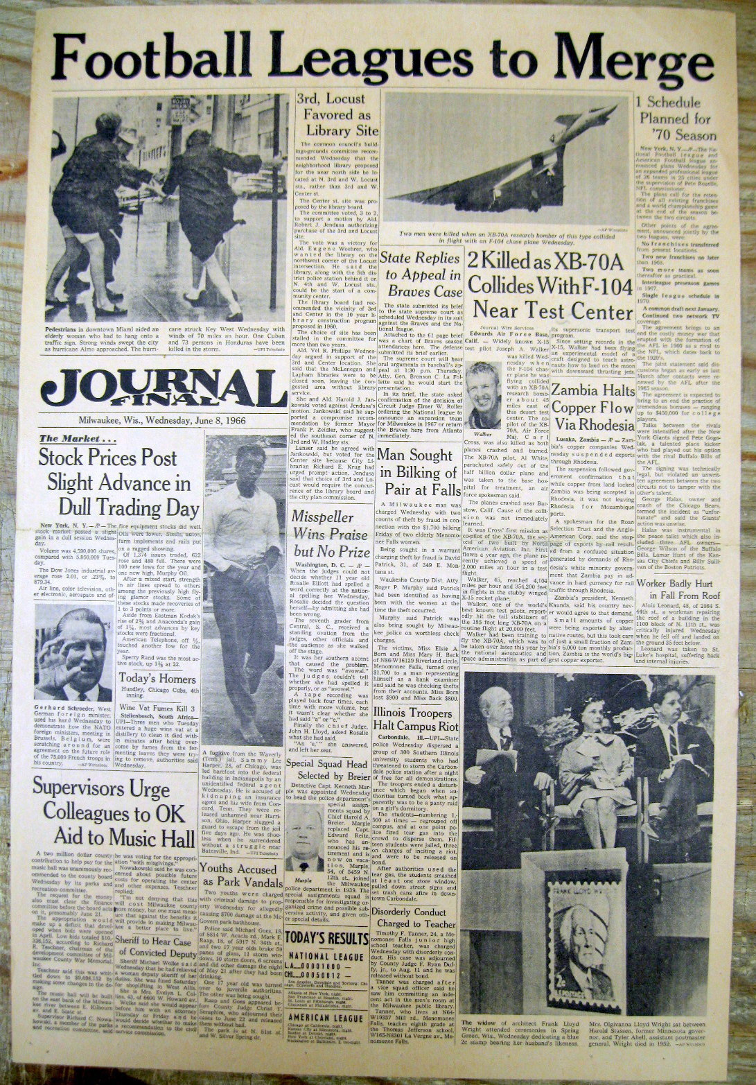 1966 headlne display newspaper NATIONAL FOOTBALL LEAGUE Super Bowl Born ...