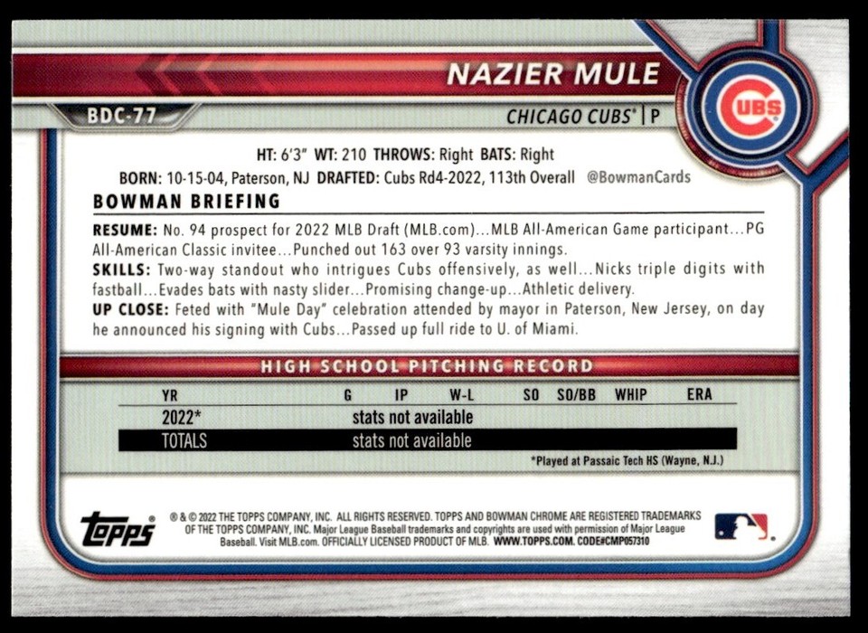 2022 Bowman Chrome Nazier Mule Rookie G95 Chicago Cubs #BDC-77 | eBay