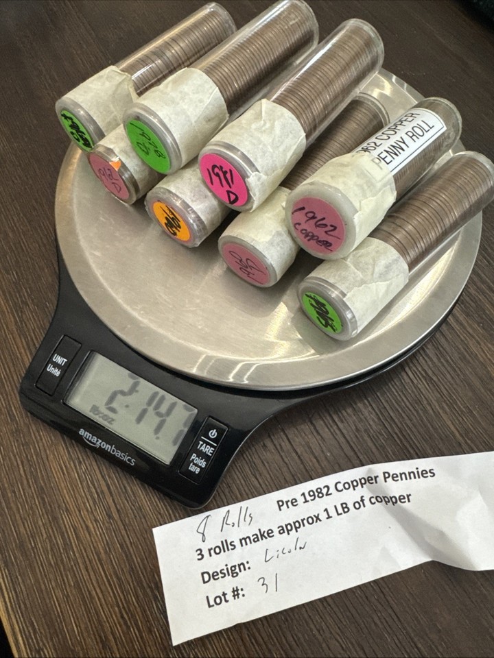 Lot Of 6 Rolls - Pre-1982 Copper Penny Rolls - 2 Lbs Of Copper - Lot 31 ...