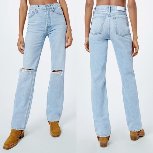 ReDone Size 29 High Rise Loose Bleach Destroy Raw Hem Denim Light Blue ...