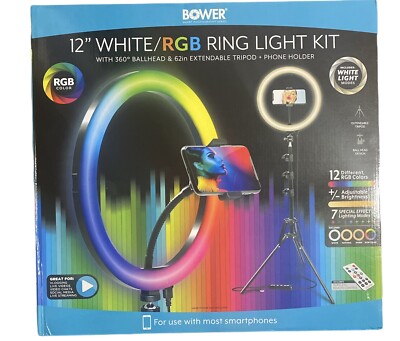 BOWER 12” White/RGB Ring Light Kit 360 Ballhead Extendable Tripod minor ...