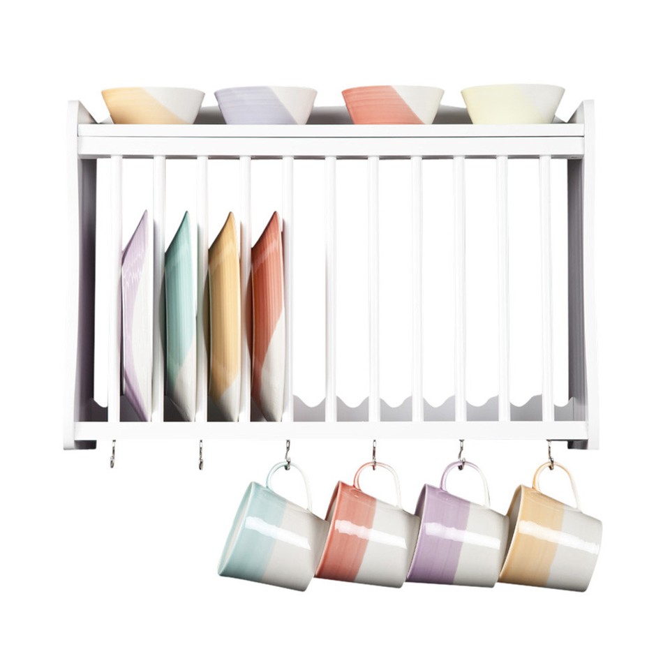 Minack Kitchen Plate Rack with hooks, White Wood, Wall-mounted or ...