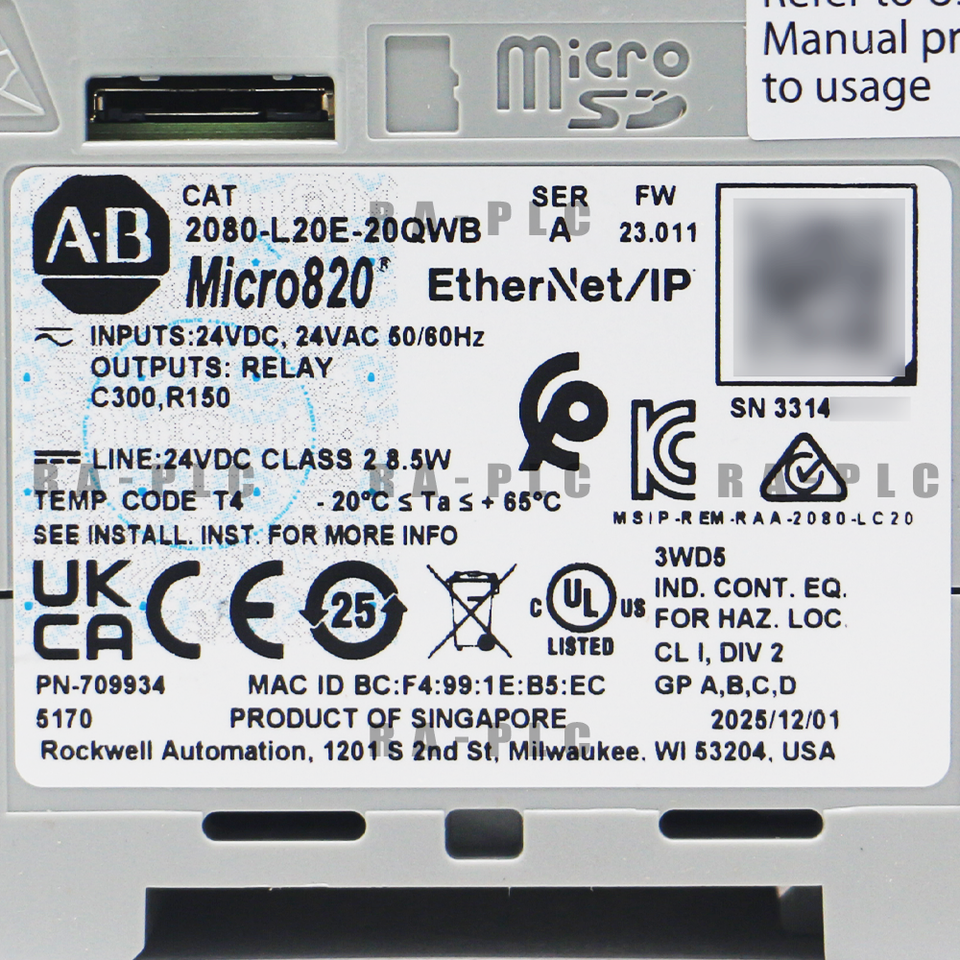 New Sealed 2080-L20E-20QWB Allen Bradly Micro820 20 I/O ENet/IP ...