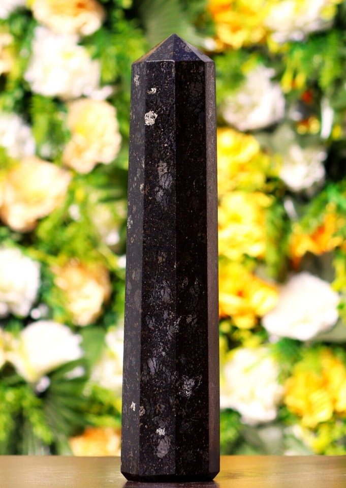 275MM Black Coppernite Crystal Healing Tower Chakra 8 Faceted Gemstone ...