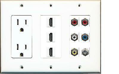 15A Power Outlet 3 HD RCA 2-Red 1-White-Yellow-Blue Coax Wall Plate | eBay