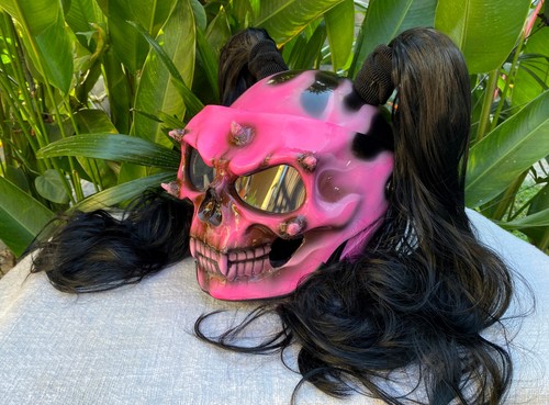 Custom Motorcycle Helmet Pink Skull Girls Helmet Cute Ponytails Helmet ...