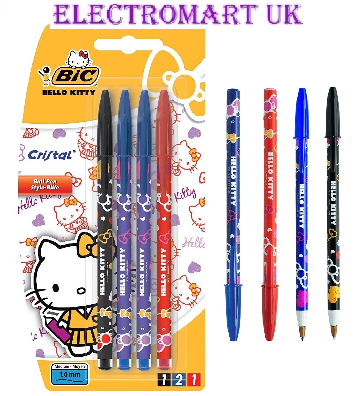 HELLO KITTY BIC CRISTAL BALL POINT PENS BIROS BLACK RED BLUE 1.0MM TIP ...
