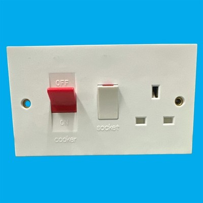 2 Gang, 45A Cooker Control Switch & 13A UK 3 Pin Mains Socket, White ...