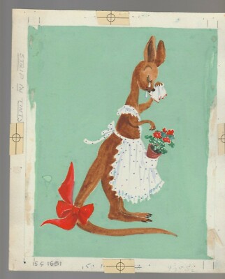 KANGAROO IN APRON CRYING w/ FLowers 8x9.5" #1681 Greeting Card Art | eBay