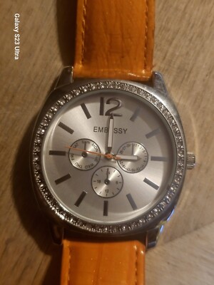 BOLD FACED EMBASSY JEWEL BEZEL QUARTZ WATCH Orange/Tan PATENT LEATHER ...