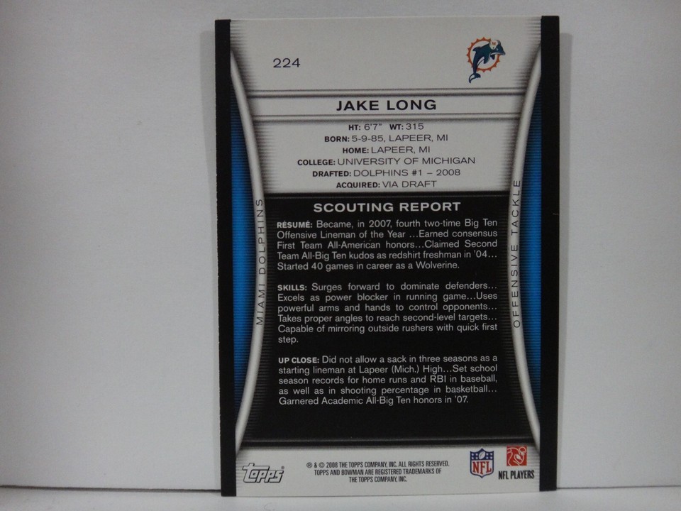 2008 Bowman Jake Long #224 Rookie RC | eBay