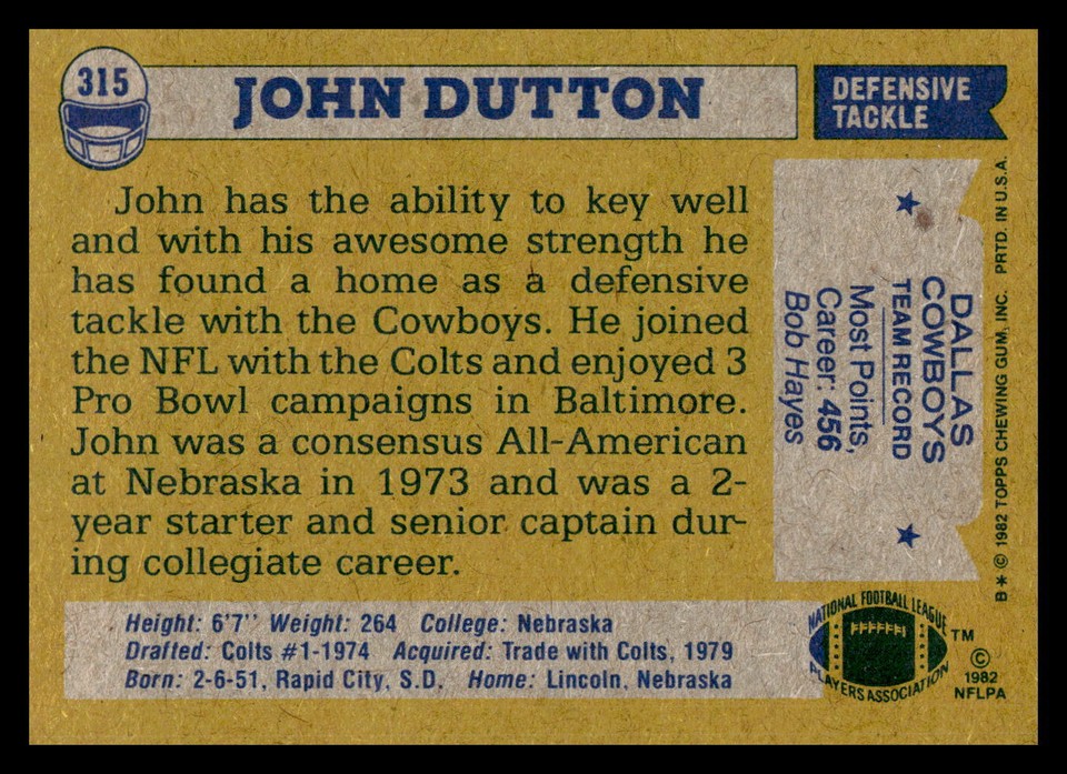 1982 Topps #315 John Dutton Dallas Cowboys Football Card EX/NM | eBay