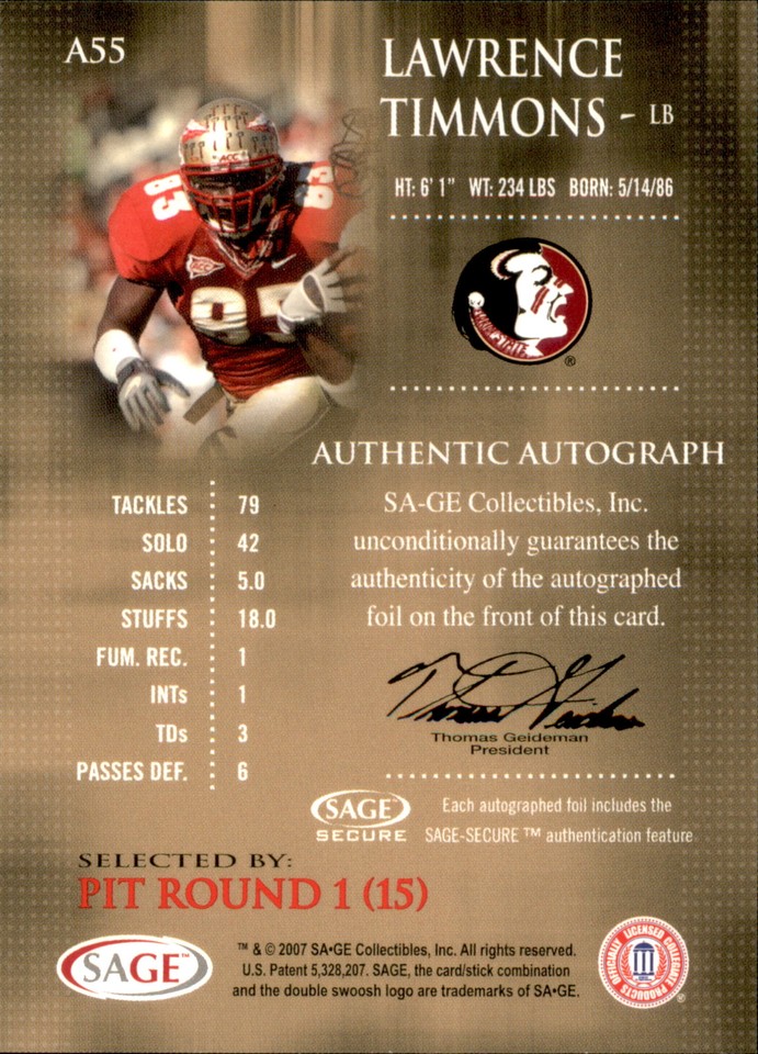 2007 SAGE Autographs Silver #A55 Lawrence Timmons Auto RC Rookie Card ...