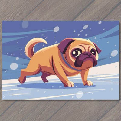POSTCARD Dog Pug Puggle Winter Snow Angry Retro Look Cute Funny Cartoon ...