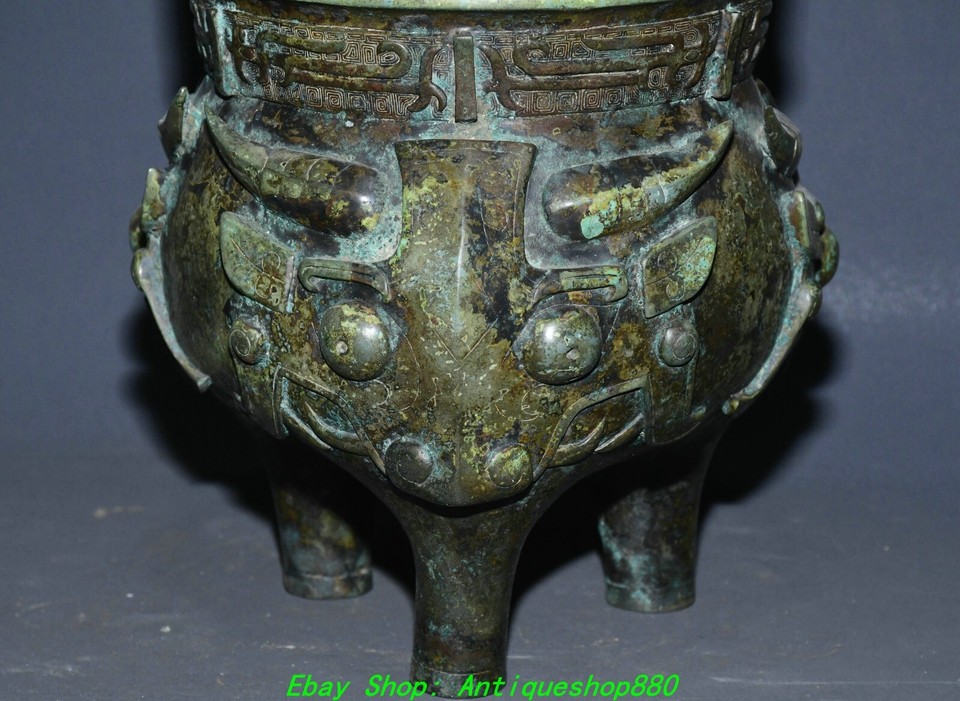 9''Antique Bronze Ware Dynasty Cattle Head Face 3 Leg Incense Burner ...