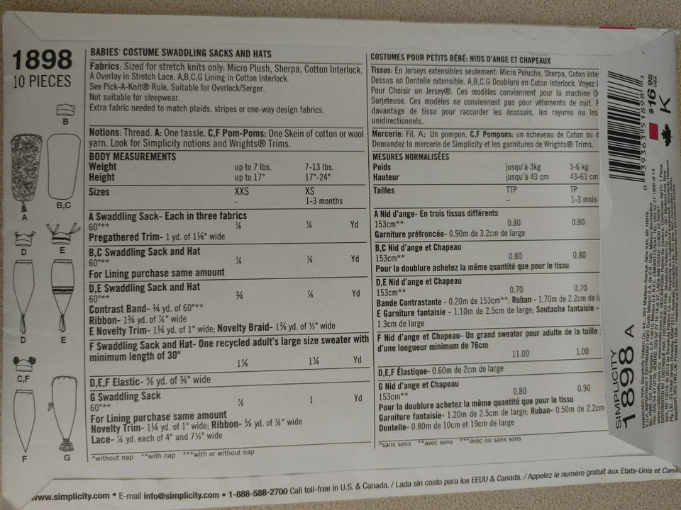 Simplicity Pattern 1898 Baby Infant Costume Swaddle Sleep Sacks Hats | eBay